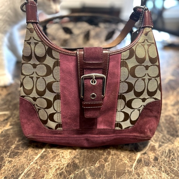 Coach | Bags | Vintage Coach Signature Canvas Suede Hobo Pink And Brown ...